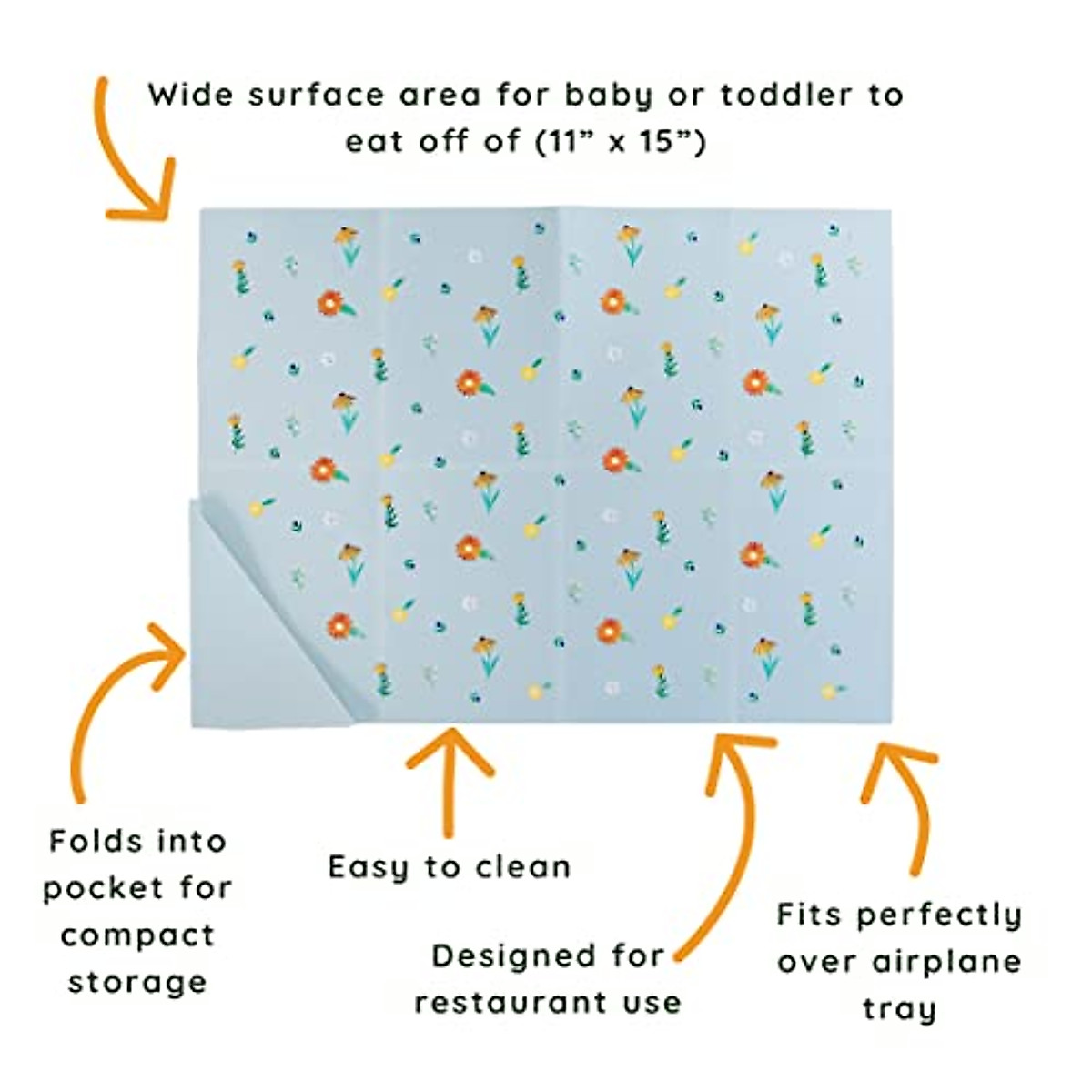 Austin Baby Co Silicone Placemat – Stain Resistant Portable Place Mats – Food Grade Silicone, Dishwasher Safe and Folds into Pocket for Easy Storage On The Go (Wildflower Chambray Blue)