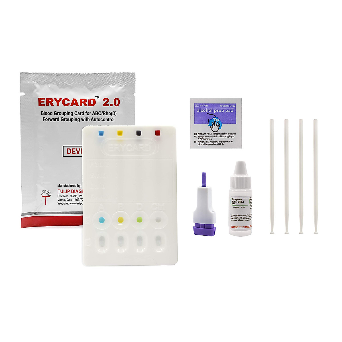 ALDON Innovating Science ABO/RH Blood Type Test Kit - Educational Use, Erycard Blood Grouping Card, Buffer Solution, Alcohol Wipe, Lancet, Collection Sticks, Instructions - Home Blood Type Testing Kit