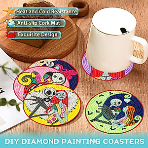 8 Pcs Halloween Diamond Paintings Coasters Kits with Holder, DIY Jack and Sally Coaster Diamond Art Kits,Full Drill Rhinestone Painting Kits for Adults & Kids,Beginners Art Craft Supplies