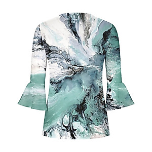 SMIDOW Three Quarter Bell Sleeve Tops for Women Fashion Summer Tunic Shirt 3/4 Sleeve Henley v Neck Boho Floral Tshirt Blouse