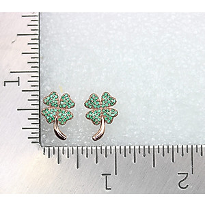 Faship Green Cubic Zirconia CZ Crystal Shamrock Clover 4 Leaf Stud Earrings - Green/Rose Gold Plated