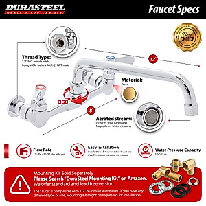 Kitchen Sink Faucet Wall Mount - DuraSteel 8" Center Commercial Kitchen Sink Faucet with 12" Swivel Spout - Dual Lever Handles - Brass Constructed & Chrome Polished