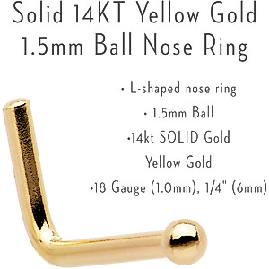 Body Candy 18 Gauge 14k Yellow Gold 1.5mm Ball L-Shaped Nose Ring