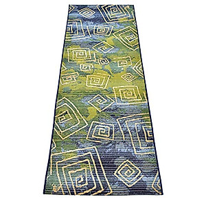 Unique Loom Modern Collection Abstract, Geometric, Spirals, Vintage, Indoor and Outdoor Area Rug, 2' 0" x 6' 0", Navy Blue/Green