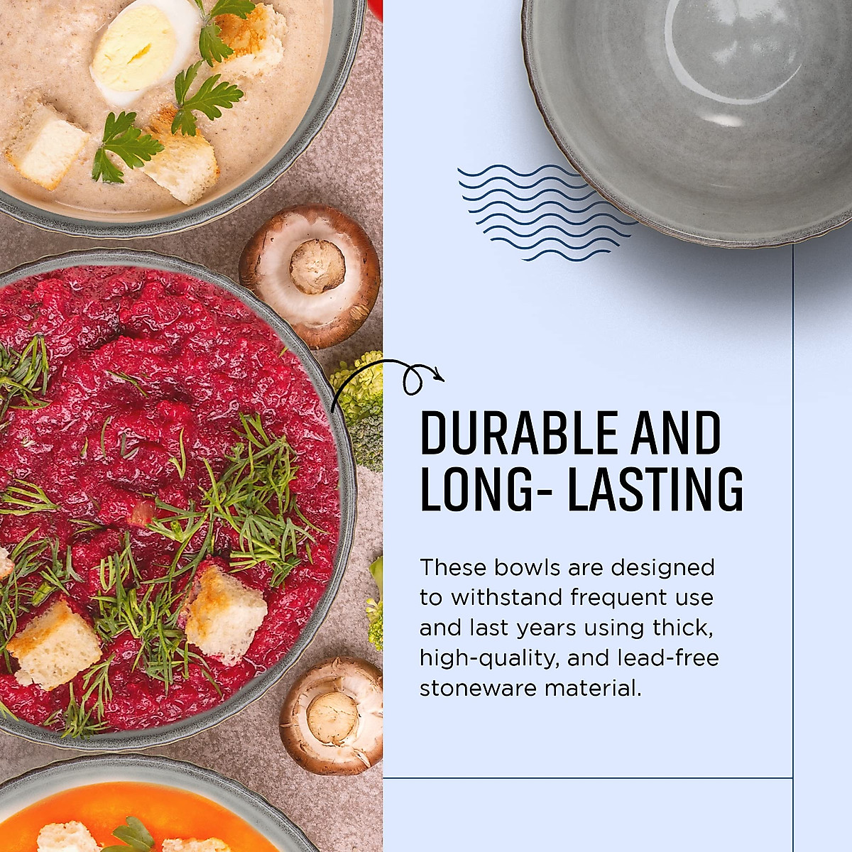 American Atelier Fluted Cereal Bowls | Set of 4 | Stoneware Soup Bowls Set for Kitchen | 22-Ounce Pasta, Ramen, Salad Bowl Set | Reusable, Microwave, and Dishwasher Safe (Gray)