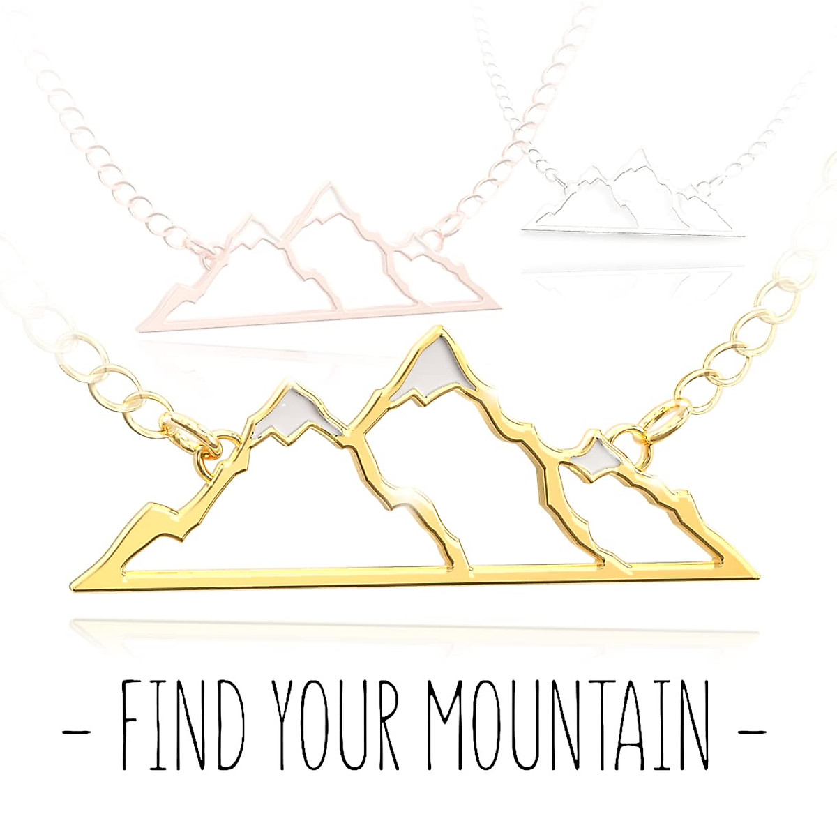 Happy Kisses Mountain Necklace for Women with Snow Top – Pendant Gift for Skiers, Hikers, Campers, Climbers and Nature Lovers – Silver, Rose Gold & Gold (Gold)