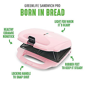 GreenLife Pro Electric Panini Press Grill and Sandwich Maker, Healthy Ceramic Nonstick Plates,Easy Indicator Light, PFAS-Free, Pink