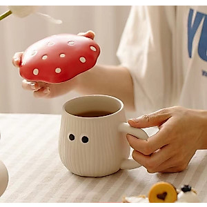 RESVUGA Cute Mushroom Mug with Lid, Handmade Glaze Cover & Eyes, Safety Matt Ceramic Milk Mugs, 12OZ Cartoon Tea Cup. Best Gifts for Women & Girls.