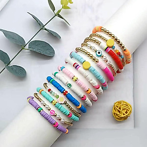 MOZAKA 42Pcs Heishi Bracelets for Women Preppy Bracelets Stackable Bohemian Elastic Layering Friendship Bracelets Y2k Aesthetic Summer Beach Jewelry