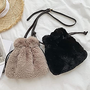 Van Caro Women’s Fashion Fuzzy Shoulder Bucket Purse Drawstring Bag Cross Body Bag, Black