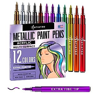 Metallic Paint Pens for Rock Painting, Stone, Ceramic, Glass, Wood, Fabric, Pebbles, Scrapbook Journals, Photo Albums, Card Stocks. Set of 12 Acrylic Paint Markers Extra-Fine Tip 0.7mm