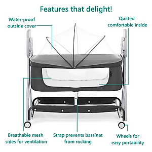 Dream on Me Cub Portable Bassinet in Dark Grey, Multi-Use Baby Bassinet with Locking Wheels, Large Storage Basket, Mattress Pad Included, JPMA Certified