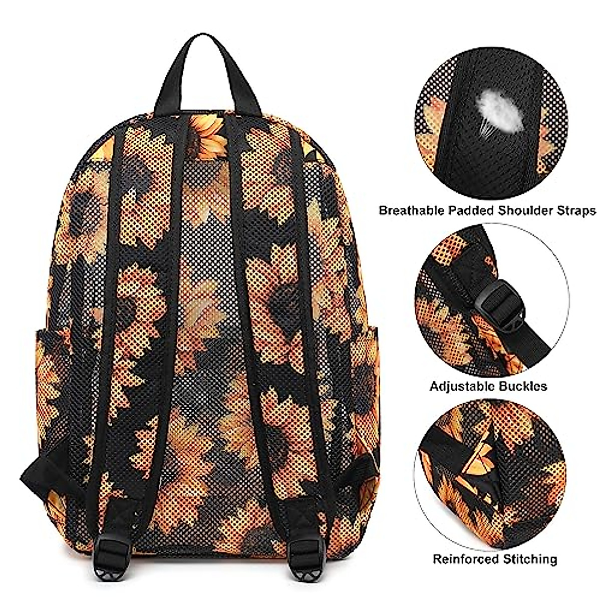 Xunteny Sunflower Mesh Backpack for Girls Women, Semi-Transparent Kids School Backpack College Bookbag Casual Daypacks for Beach Gym Travel (Black)