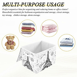Kigai Paris Eiffel Tower Lidded Home Storage Bins, Foldable Storage Basket with Double Handle, Flip-Top Storage Box for Toys Clothes Documents