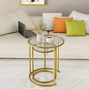 Azheruol Nesting Coffee Table Set of 2,Modern Gold Tempered Glass Side Table, Metal Frame Round End Table.Small Glass Tea Table for Living Room,Bedroom Studio Apartment Essentials，23.2in