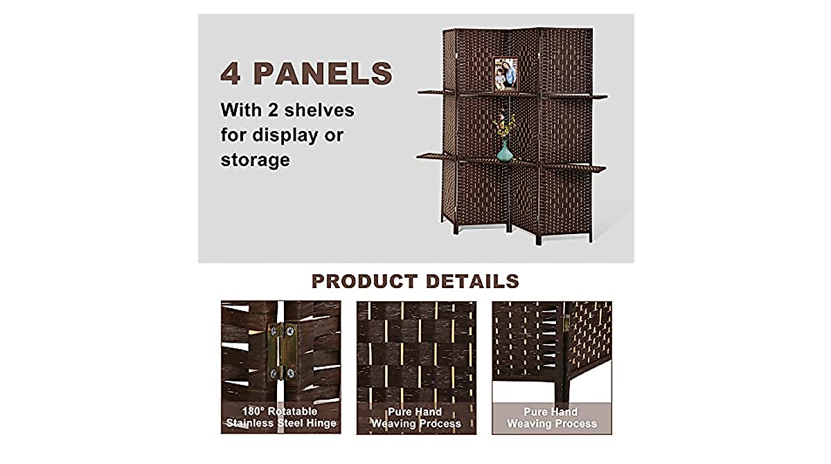 Dkeli 4-Panel Solid Wood Room Divider with Shelves - Elegant Privacy Screen
