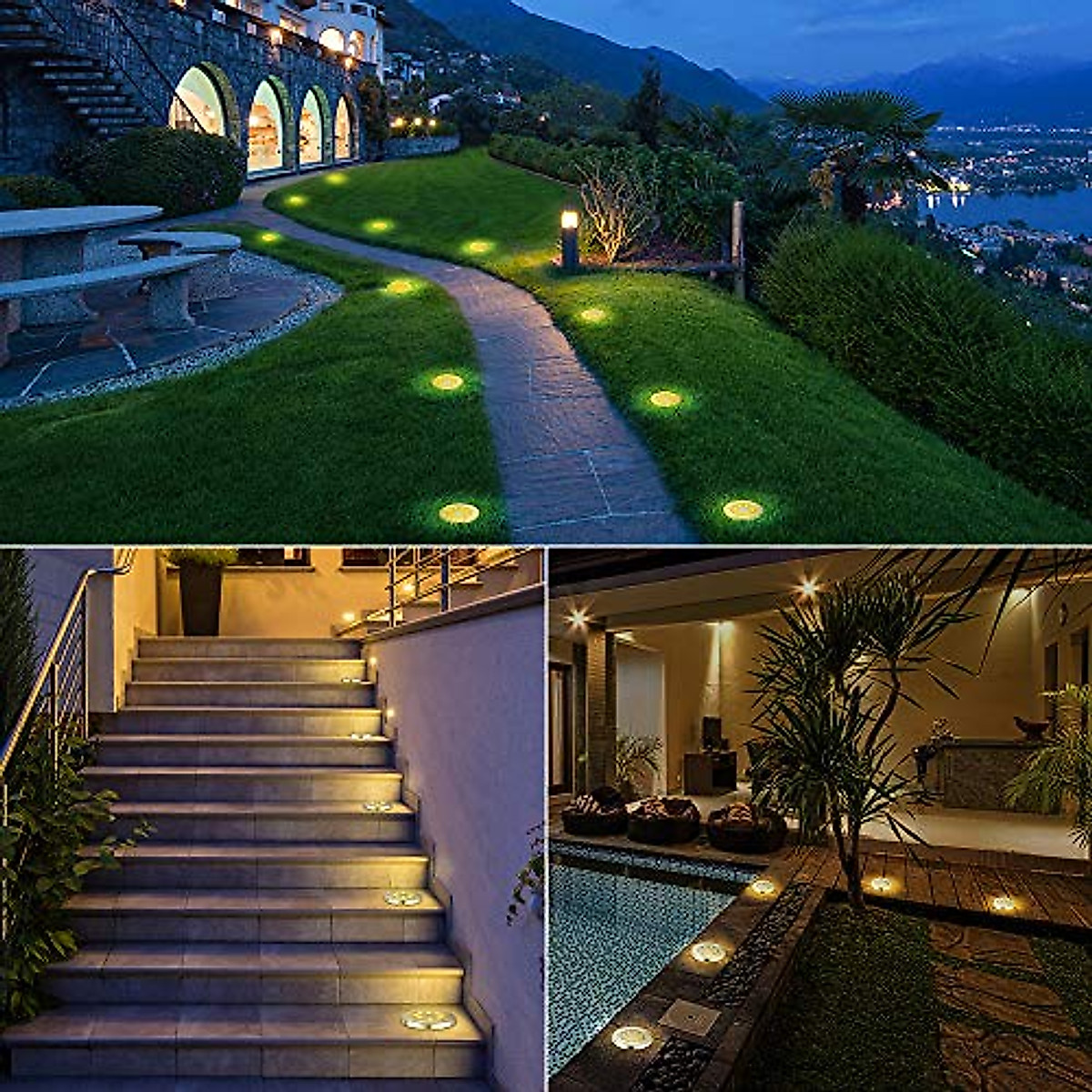 LYHOPE Solar Ground Lights Outdoor, 16 Pack 8 LED Solar Disk Lights Waterproof Garden In-ground Pathway Lights Landscape Lighting for Lawn,Yard,Deck,Patio,Walkway (Warm White)