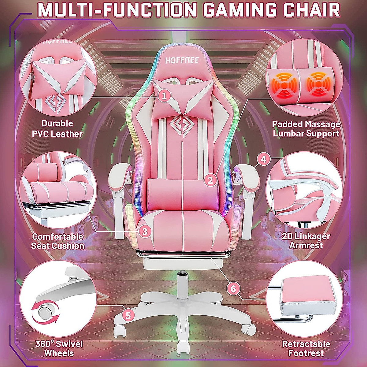 HOFFREE Pink Gaming Chair with Bluetooth Speakers and LED RGB Lights Cute Ergonomic Massage Computer Gaming Chair with Footrest High Back Video Game Chair with Lumbar Support Pink and White