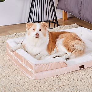 pettycare Orthopedic Dog Bed for Extra Large Dogs - Bolster Egg Crate Foam Dog Sofa with Waterproof Removable Washable Cover, Non-Slip Bottom, Extra Head and Neck Support, Cozy Flannel, White