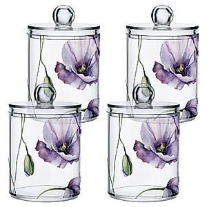 ALAZA 2 Pack Qtip Holder Dispenser for Cotton Ball Watercolor Flowers Purple Poppies Cotton Swab Cotton Round Pads Clear Plastic Acrylic Jar Set Bathroom Canister