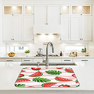 Watermelon Pink Stripes Kitchen Drying Mat 18 x 24 Inch - Reversible Super Absorbent Fiber Dish Drying Pad with Non-Slip Backing for Countertop Tea Coffee Bar Accessories