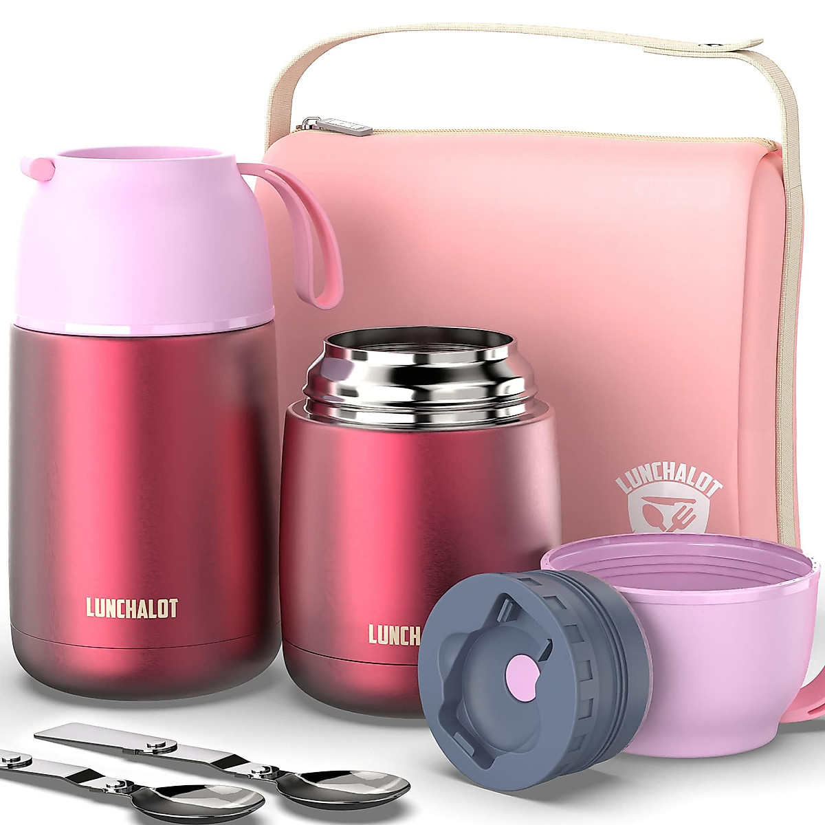 LUNCHALOT Insulated Food Jar for Hot Food in a Bag - 15 & 21 Oz Soup Lunch Box Container for Adults Vacuum Stainless Steel Jar & Foldable Spoons - Pink Wide Mouth Flask for Work Travel