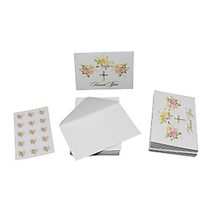 25 Religious Thank You Cards with Envelopes | Baptism Thank you Cards | First Communion Thank You Cards | Floral Design with Gold Foil Cross | Matching Floral Envelope Sticker Included