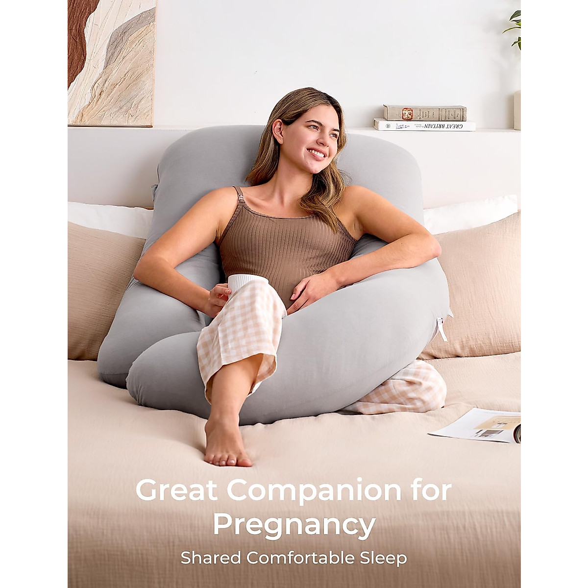 Momcozy Pregnancy Pillows for Sleeping, U Shaped Full Body Pillow for Pregnancy Women with Removable Jersey Cotton Cover, 57 Inch Maternity Pillow, Grey