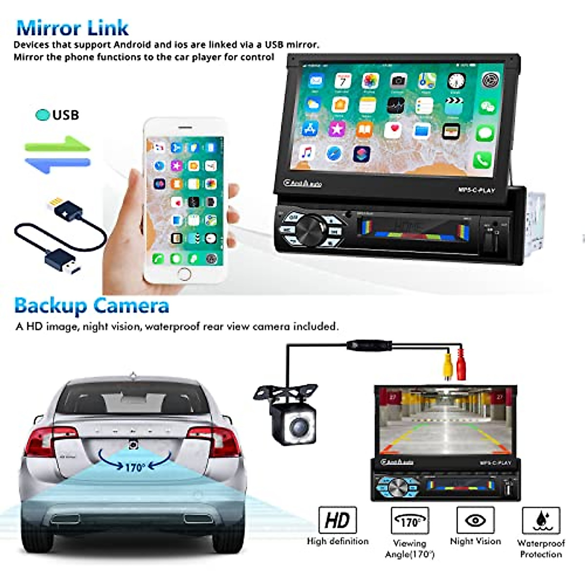 CarThree Single Din Apple Carplay Car Stereo with Bluetooth and Backup Camera, 7inch flip Out Touch Screen Car Radio MP5 Player Support Android Auto,Subwoofer Mirror Link,USB,TF,FM,Aux-in,SWC