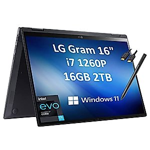 2022 LG Gram 16T90Q 16" WQXGA 2-in-1 Touchscreen (Intel 12th Gen 12-Core i7-1260P, 16GB LPDDR5 RAM, 2TB SSD, Stylus) (2560 x 1600) Business Laptop, Thunderbolt 4, Windows 11 Home (Renewed)