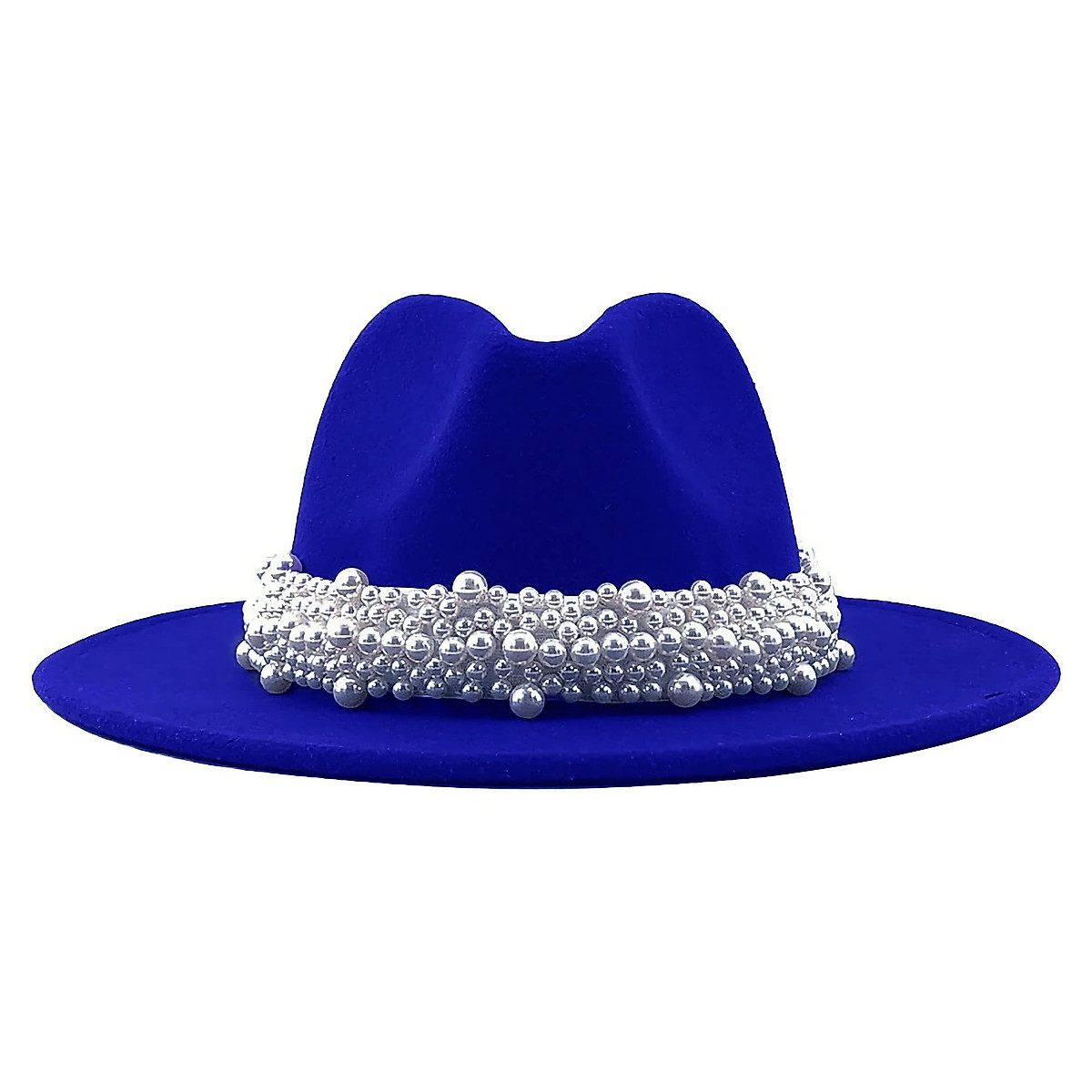 Qkrlamx Black Fedora Hats for Women Wool Panama Hat with Pearl Band Wide Brim Felt Hat Classic Trilby Hat Blue