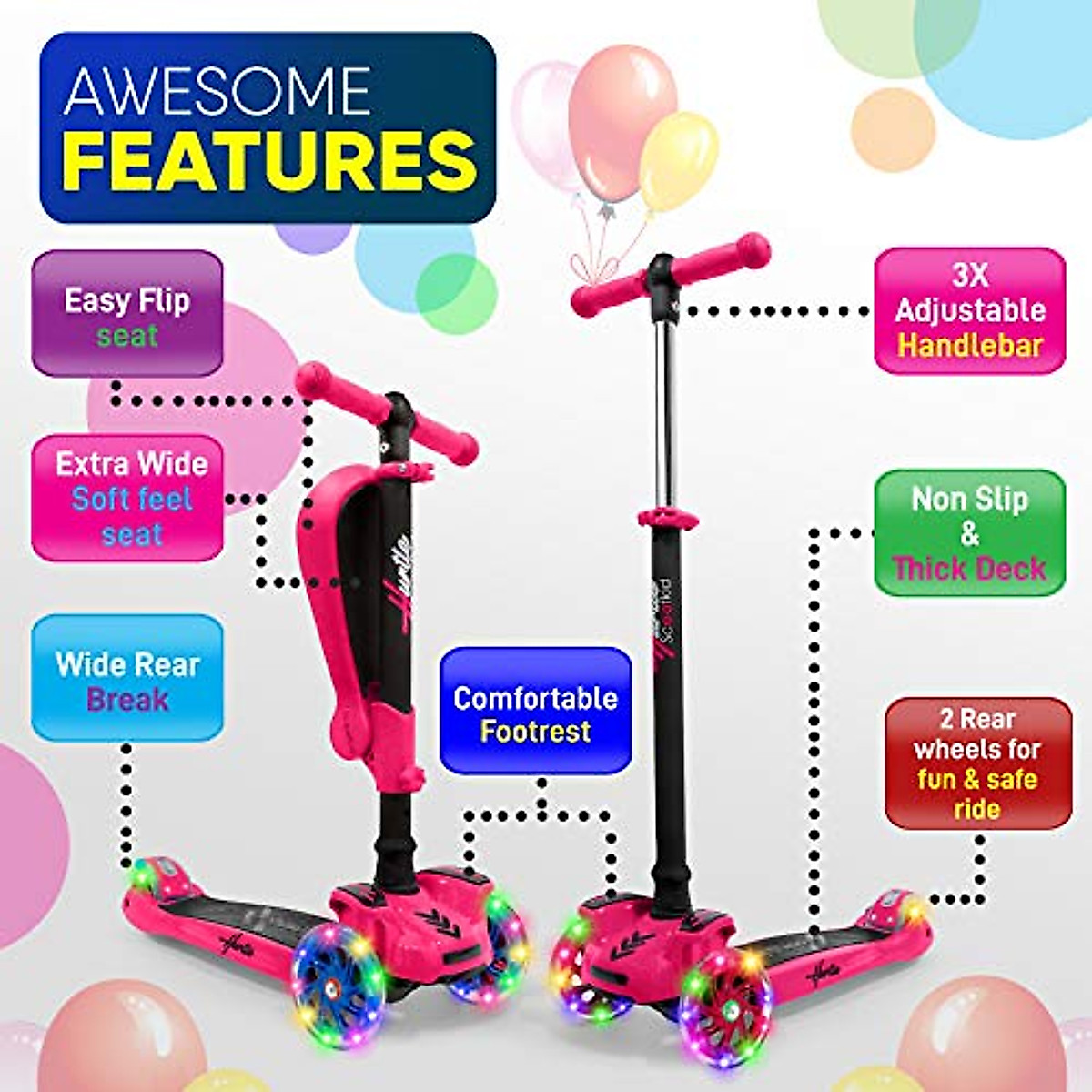 Hurtle 3-Wheeled Scooter for Kids - Wheel LED Lights, Adjustable Lean-to-Steer Handlebar, and Foldable Seat - Sit or Stand Ride with Brake for Boys and Girls Ages 1-14 Years Old - Pink