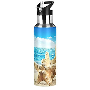 Oarencol Starfish Beach Sandy Water Bottle Ocean Sky Stainless Steel Vacuum Insulated Thermos with Straw Lid 20 Oz