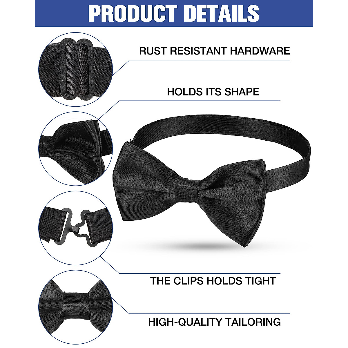 20 Pieces Bow Ties for Men, Formal Satin Solid Tuxedo Bow Ties Adjustable Length Pre Tied Bow Ties for Wedding Celebration(Black)