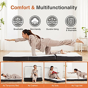 Sweetcrispy Folding Mattress, 3 inch Tri-fold Memory Foam Mattress Topper for Camping, Foldable Mattress Topper with Washable Cover, Guest - Queen Size, White