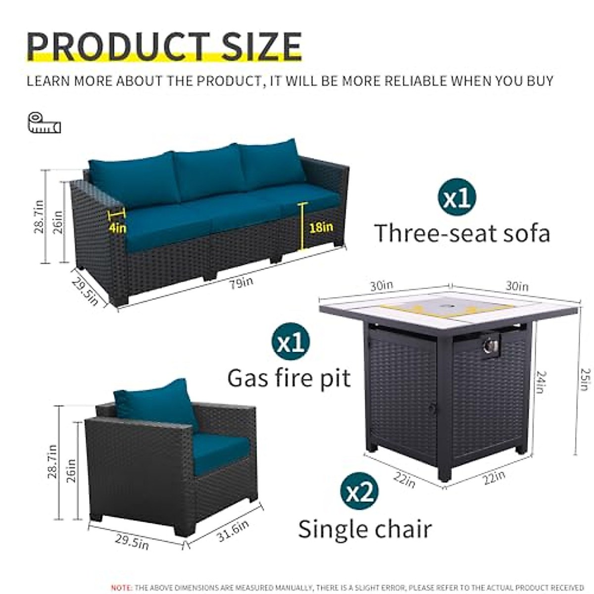 Lviden 4 Pieces Outdoor Patio Furniture Set, Wicker Conversation Sets, Black PE Rattan Sectional Couch Sofa with 50000 BTU Gas Fire Pit Table and Peacock Blue Cushions