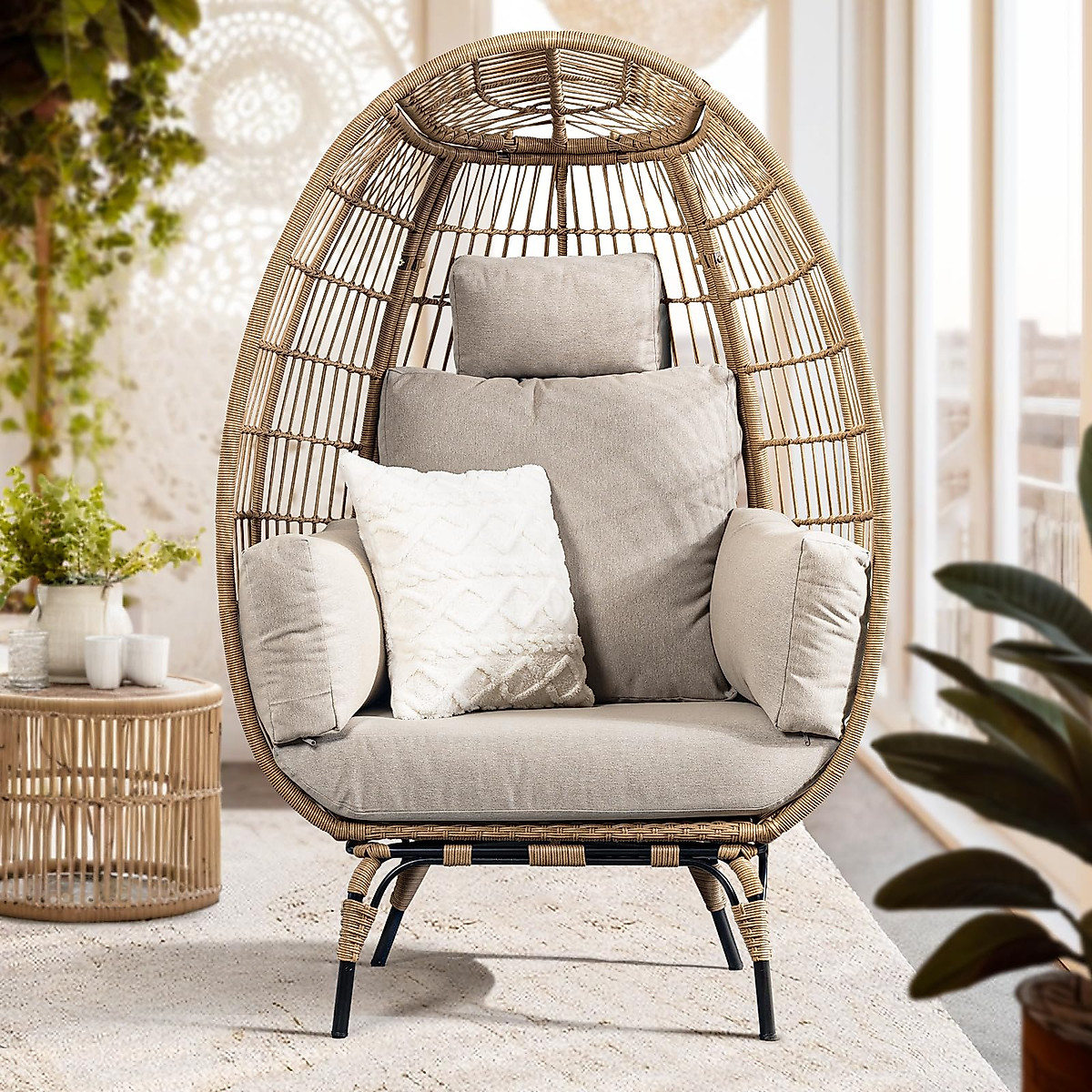 Bme Heavy Duty 500 Lbs Capacity Oversized Wicker Egg Chair for Outside, UV 2000 Hours Material with Non-discolouring Fabric Cushion, Durable Against Water, Weather