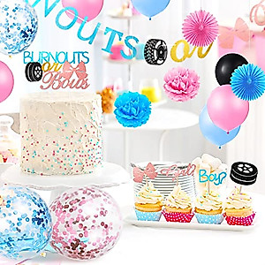 54 Pcs Burnouts or Bows Gender Reveal Decorations Gender Reveal Banner Boy or Girl Cake Topper Pink and Blue Balloons Flower Tissue Pom Poms Paper Fans Party Decorations for Baby Shower Party Supplies