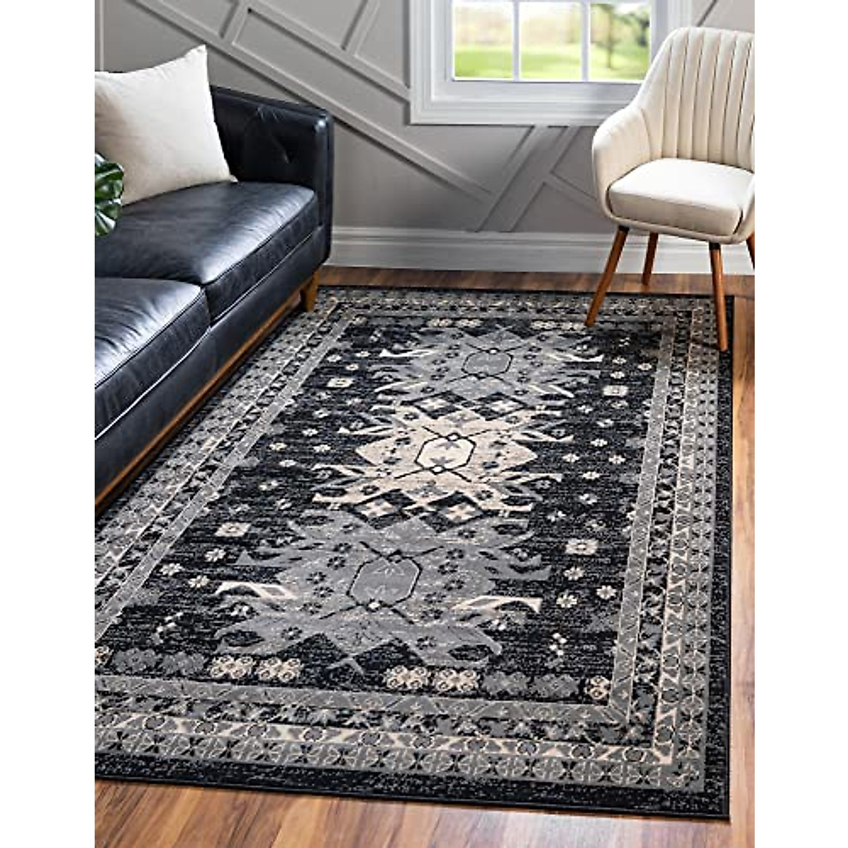 Rugs.com Heris Collection Rug – 9' x 12' Black Medium Rug Perfect for Living Rooms, Large Dining Rooms, Open Floorplans