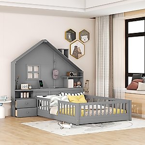MERITLINE Full Size Montessori Floor Bed with Rails, Wood Platform Bed Full House Bed with Window and Bedside Drawers, Kids Full Bed Frame with Shelves and a Set of Sockets and USB Port - Grey