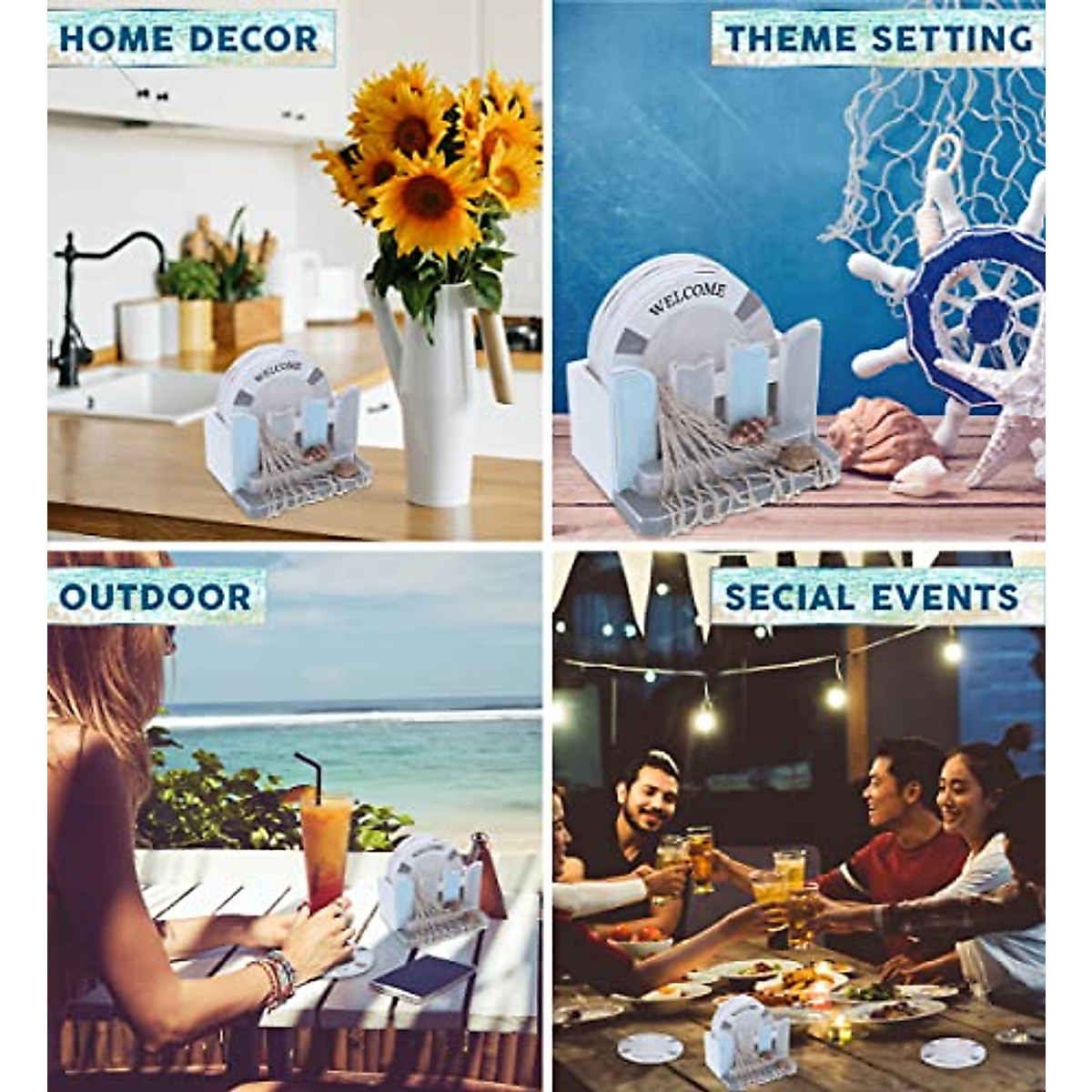 CoTa Global Moonlight Nautical Wooden Coaster Set - Rustic Circle Coaster Set with Holder, Cute Beach Theme Drink Coasters Set for Spill and Scratch Free Tabletop - 6 Coasters and 1 Holder Set