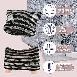 Cat Ear Beanie for Women Knitted Crochet Fox Hat with Striped Winter Cap Y2K Accessories Grunge Goth Slouchy Beanies Black