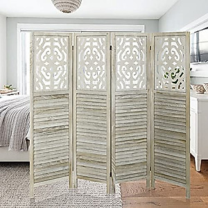 ACEHOME Room Dividers 4 Panel,Home Folding Privacy Carved Wood Screens 5.6Ft,Portable Office Walls Dividers,Indoor Decorative Room Partition,No Installation Required, Off-White