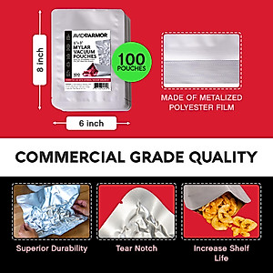 Avid Armor 6x8 Pack of 100 - Silver Vacuum Sealer Bags for Food - Heavy Duty Mylar Pouches, Pre-Cut 3-Sides Sealed for Long-Term Food Storage, BPA-Free, Perfect Chamber Vacuum Sealer Bags