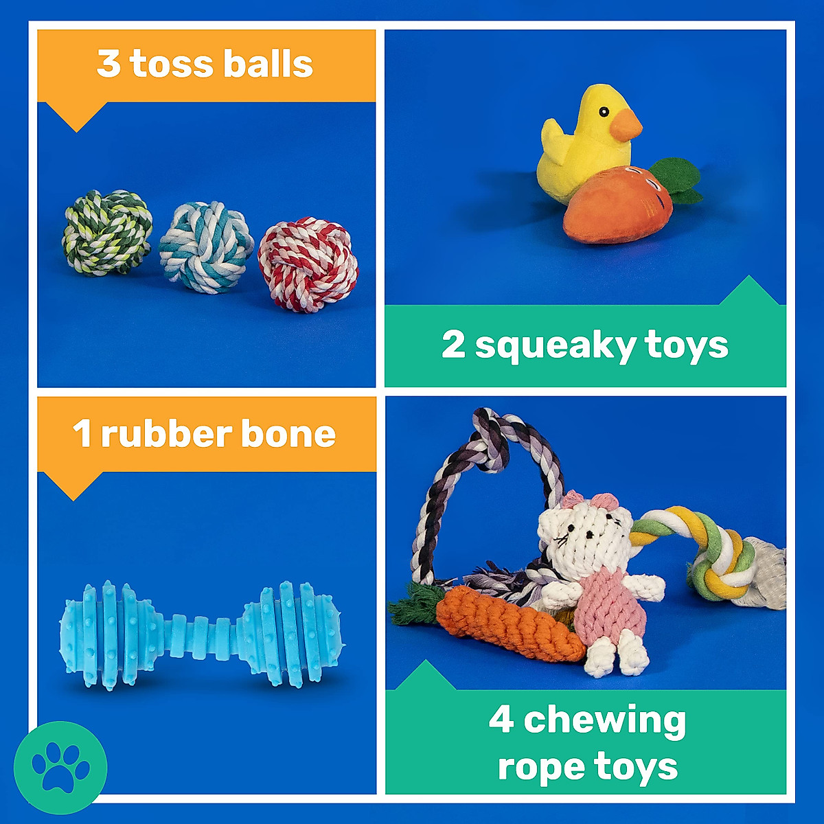 AMZpets 10 Dog Toys for Small Dogs and Puppies, Squeaky Dog Toys Rope Toys for Plush Games, with Chewing Ropes/Balls/Rubber Bone/Carry Bag, Variety Playing Toys Set for Toss and Tug Play