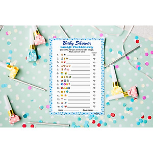 Baby Shower Emoji Pictionary Game, Blue for Boy, Baby Shower and Sprinkle Party Ideas, Play Pack of 30 Cards 5”x7”. Made in USA