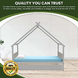 Hanway Full Size Solid Pinewood House Trundle Bed Frame Features a Classic Teepee Design is a Sleep Solution Provide a Comfortable and Secure Sleeping Environment for Kids, Girls and Boys (Grey)