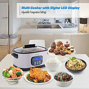 NutriChef Slow Cooker Electric Steamer - Sous Vide Cooking Mode, Stainless Steel High Pressure Multi-Cooker Crock Pot with Digital LCD Display, 11 Preset Cooking Modes, 6.5 Quart Capacity AZPKPC45