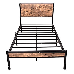 DUMEE Twin Bed Frames with Wood Headboard and Footboard Metal Bed Frame Twin Size with Shelf Storage Headboard, No Box Spring Needed, Steel Slats Mattress Foundation, Textured Black and Brown Oak