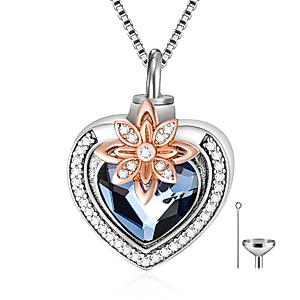 AOBOCO 925 Sterling Silver Heart with Flower Urn Necklace for Ashes Engraved Forever in My Heart Cremation Keepsake Necklace with Austrian Crystals Memorial Jewelry Gift for Women
